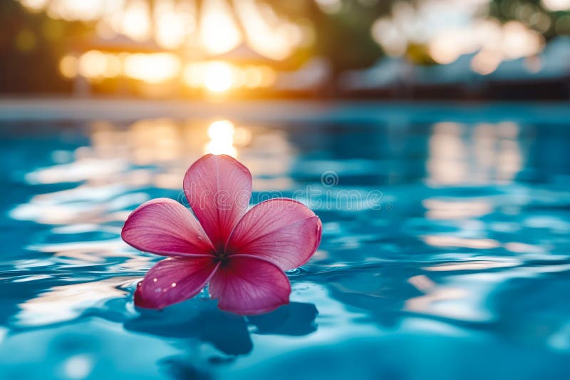 A Pink Flower Floating in a Swimming Pool at Sunset Stock Photo - Image ...