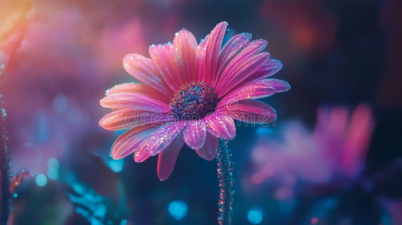 Pink Flower with Glitter and Dew Drops in Blue Light Stock Illustration ...