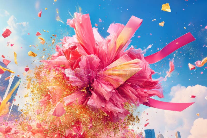 A Pink Flower with Gold Accents is Exploding in the Air Stock ...