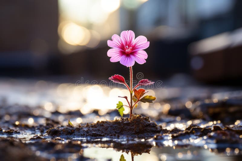 A Pink Flower is Growing Out of the Ground in a Puddle Stock ...