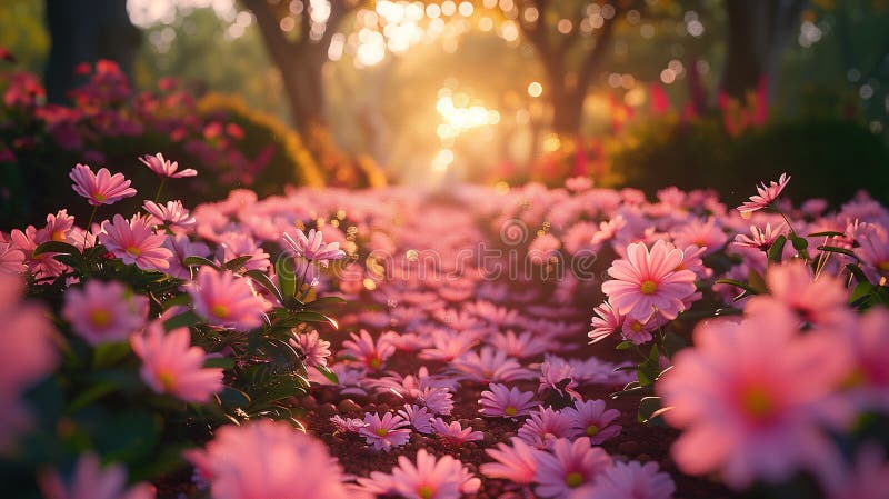 Pink Flower Pathway at Sunset Stock Illustration - Illustration of ...
