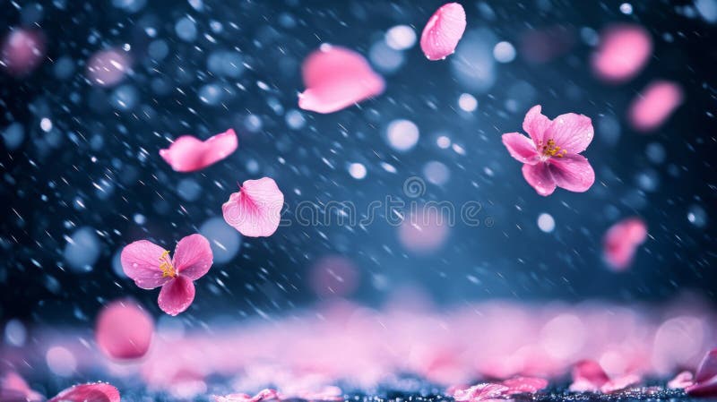 Pink Flower Petals Falling in Rain Dark Background Stock Illustration ...