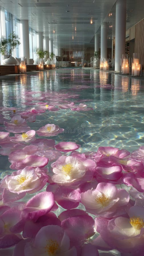 Pink Flower Petals Floating in a Tranquil Indoor Pool Stock ...