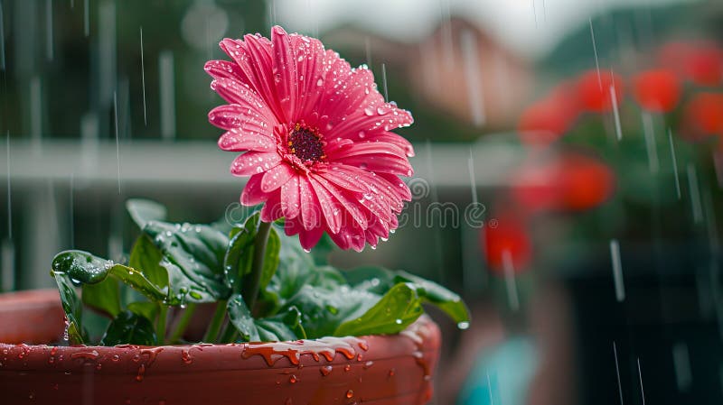 A Pink Flower in a Pot with Rain Falling on it Stock Image - Image of ...