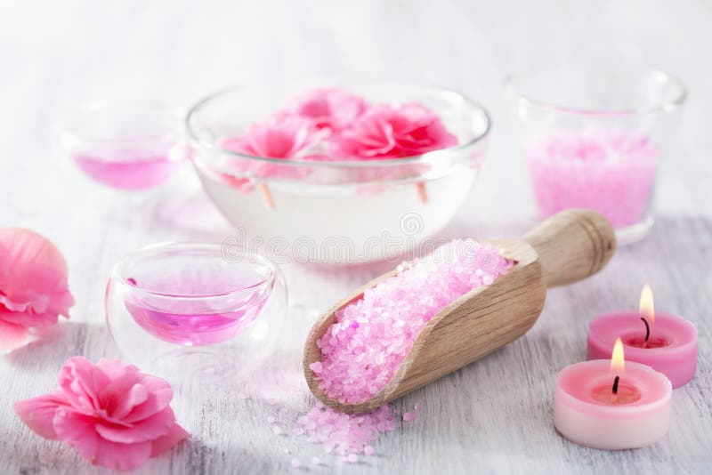 Pink Flower Salt and Essential Oil for Spa Stock Photo - Image of ...