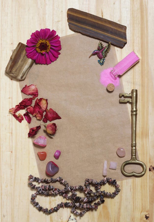 Pink Flower with Pink Stones and Brass Key on Old Paper Stock Photo ...