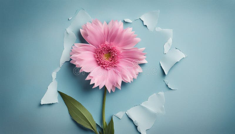 Pink Flower through Torn Blue Paper with Copy Space Stock Illustration ...