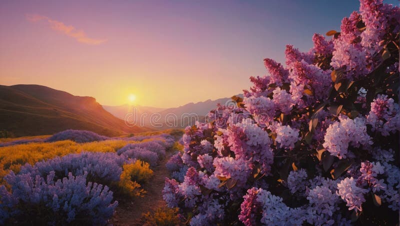 Pink Flowered Bush in a Field at Sunset with Mountains in the ...