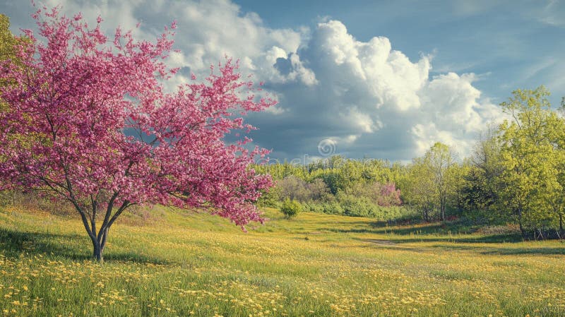 Pink Flowering Tree in Sunny Field with Blue Sky Stock Illustration ...