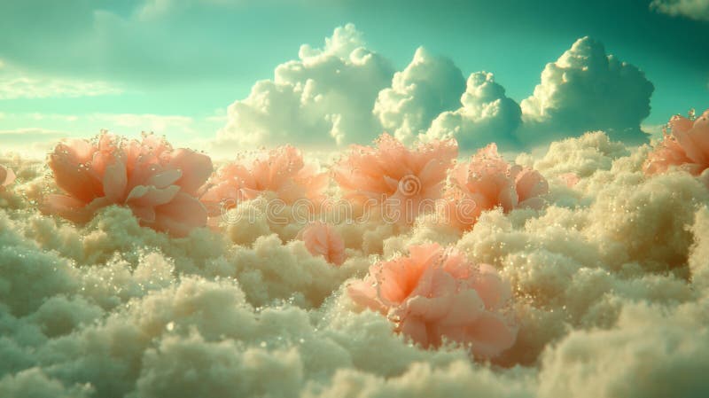 Pink Flowers Bloom Amongst Clouds in a Dreamlike Scene Stock ...