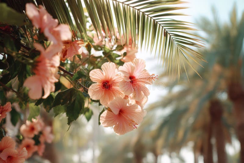 Pink Flowers Bloom on a Tree Branch, Surrounded by Palm Trees in a ...
