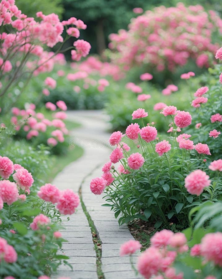 Pink Flowers Blooming in Garden with Paved Pathway Stock Image - Image ...