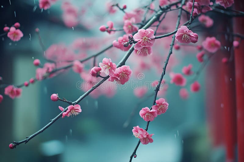 Pink Flowers on a Branch with a Blue Sky in the Background Stock ...