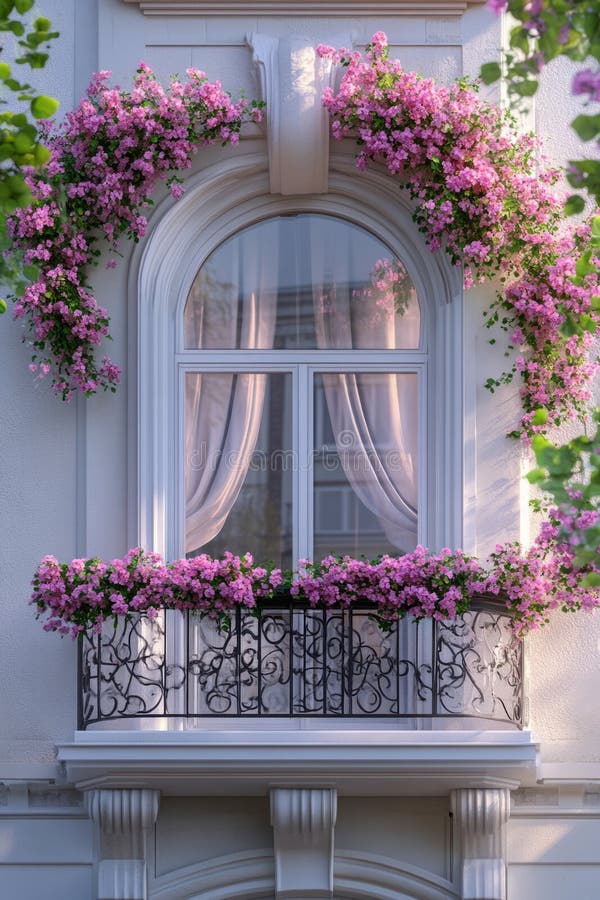 Pink Flowers Cascade Over Balcony and Arched Window, Adding a Touch of ...