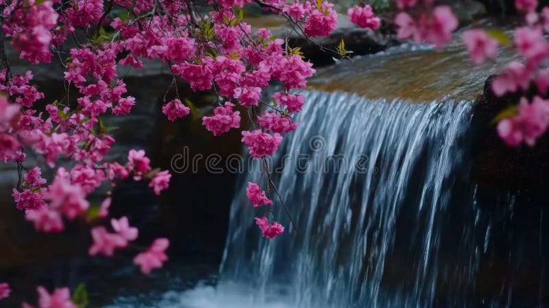 Pink Flowers Cascading Over a Waterfall Stock Illustration ...
