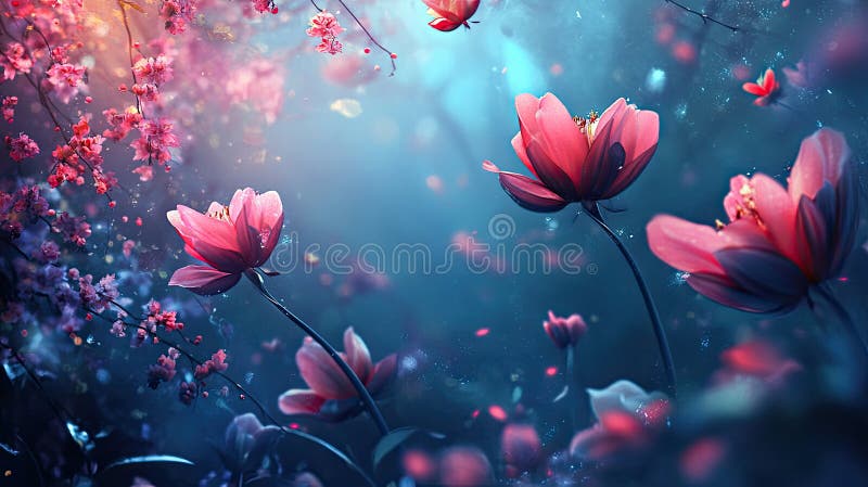 Pink Flowers in a Dark Blue Enchanted Forest Stock Illustration ...