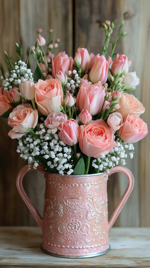 Pink Flowers in a Decorative Watering Can Vase Stock Illustration ...