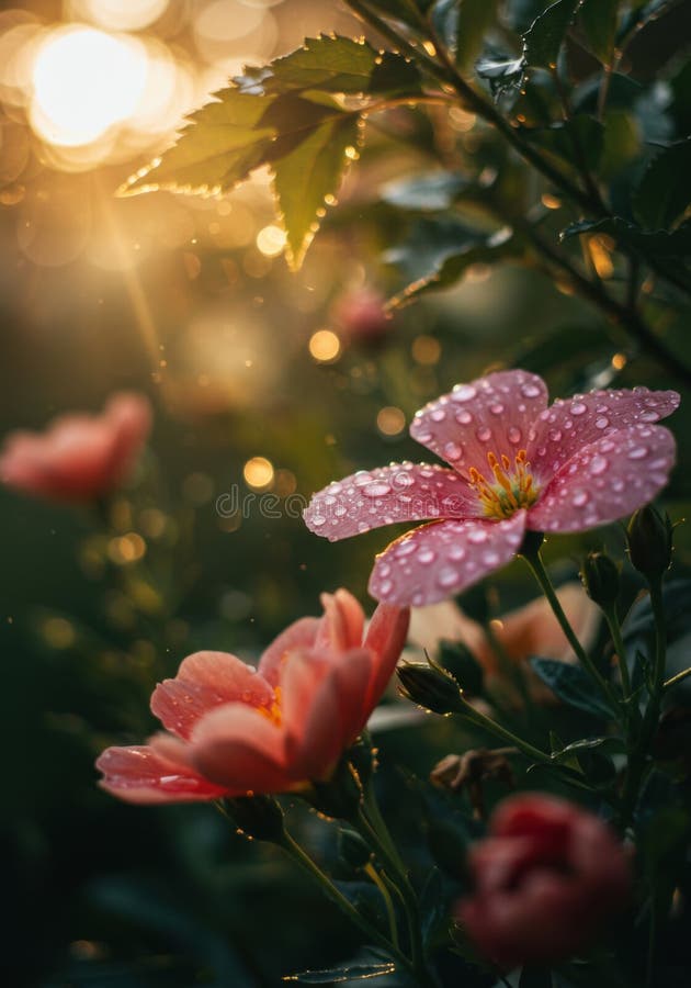 Pink Flowers with Dew Drops in Soft Sunlight Stock Illustration ...