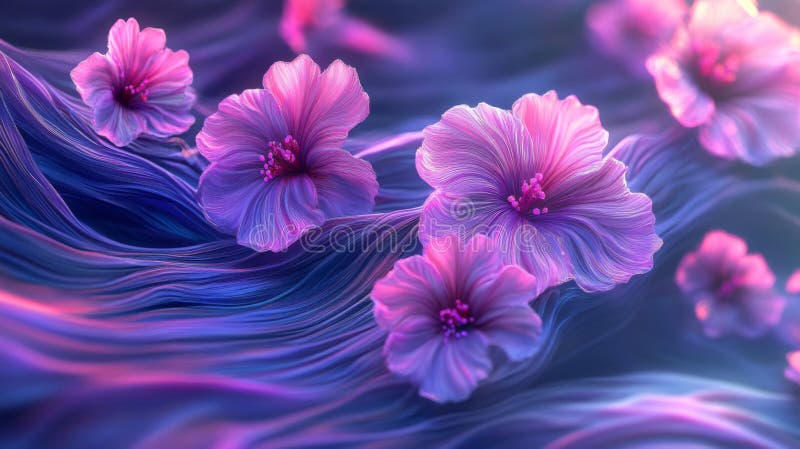 Pink Flowers Flowing through Purple Waves of Light Stock Illustration ...