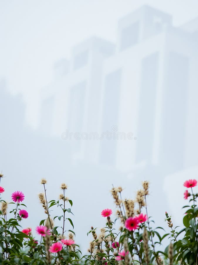 Pink Flowers in the Foreground with a Blurry Building Behind Stock ...