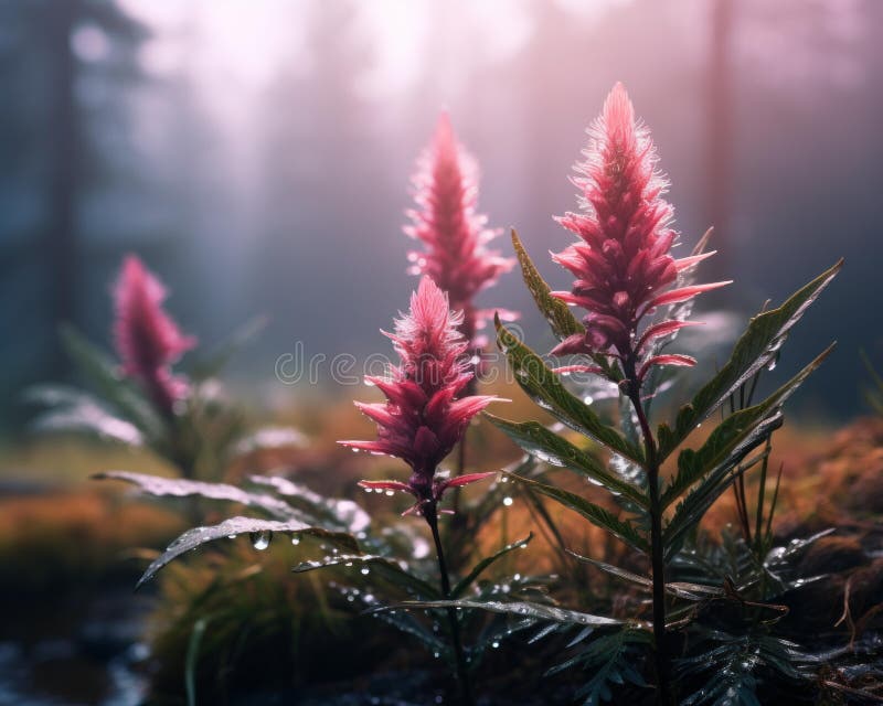 Pink Flowers in the Forest at Sunrise Stock Illustration - Illustration ...