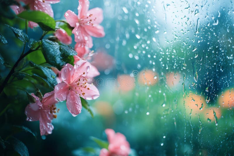 Pink Flowers Getting Wet on a Rainy Spring Day, Seen through a Window ...
