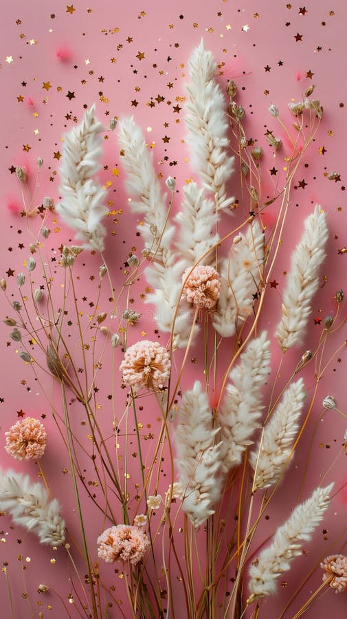 Pink Flowers and Gold Flakes on Pink Background Stock Photo - Image of ...