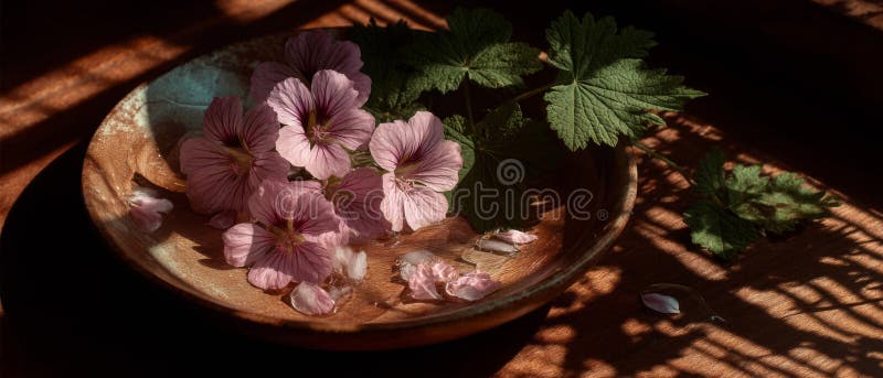 Pink Flowers and Leaves in Brown Dish, Dramatic Lighting Stock ...