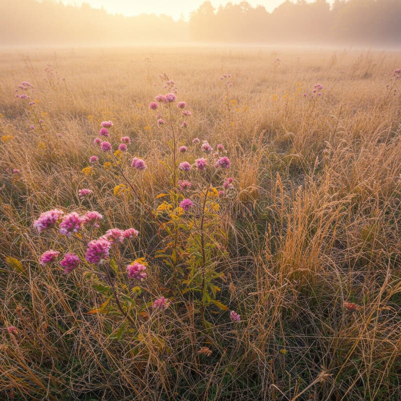 Pink Flowers in a Misty Field at Sunrise Stock Illustration ...