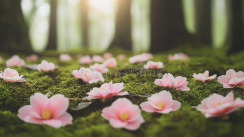 Pink Flowers on Mossy Forest Floor Stock Illustration - Illustration of ...