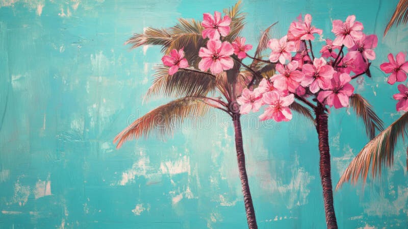 Pink Flowers and Palm Trees on Turquoise Textured Wall Stock ...