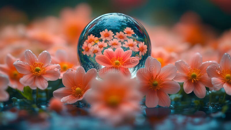 Pink Flowers with Reflection in Glass Sphere Stock Illustration ...
