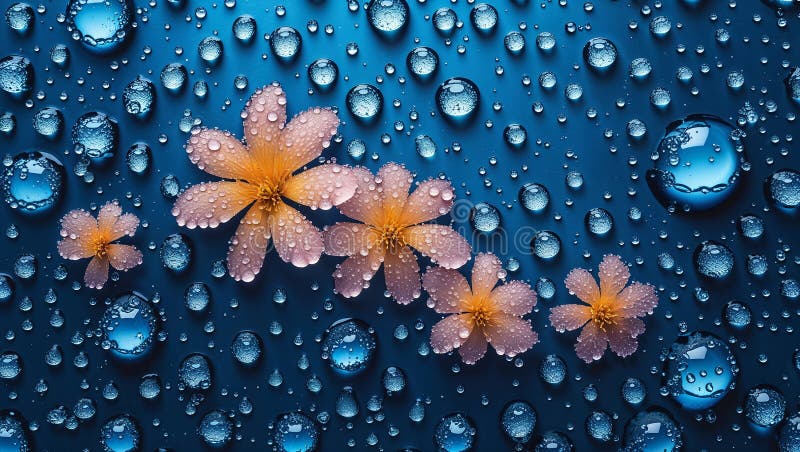 Pink Flowers Resting on a Blue Surface Covered with Water Drops Stock ...