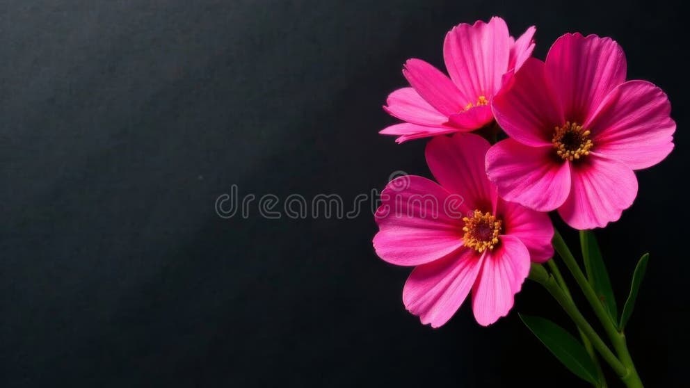 Pink Flowers on the Right Side of the Frame on a Black Background Stock ...
