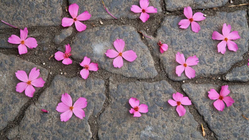 Pink Flowers Scattered on Grey Cobblestone Pavement Stock Illustration ...