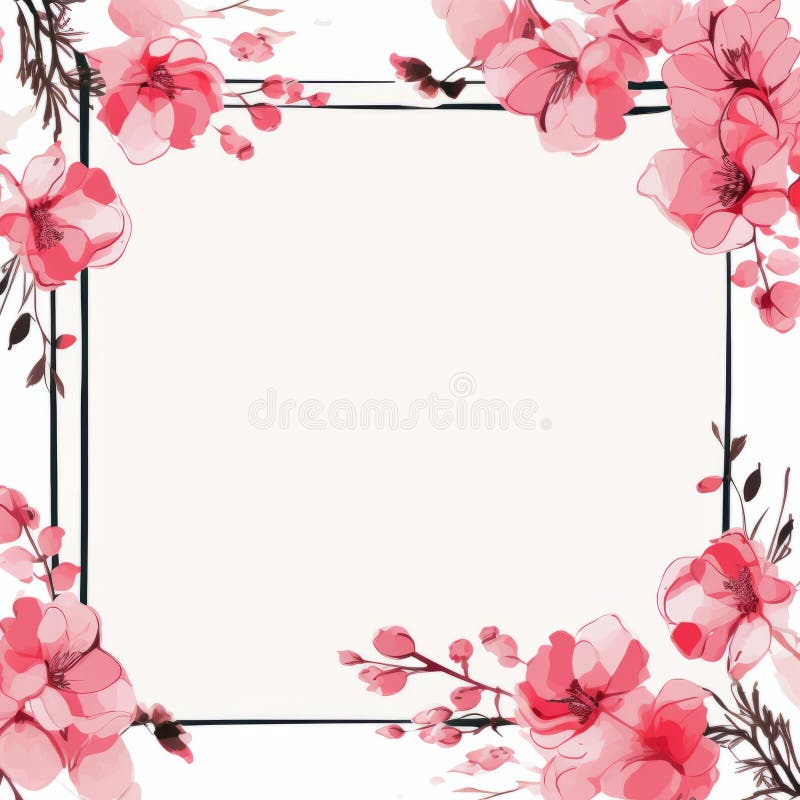 Pink Flowers in a Square Frame on a White Background Stock Illustration ...