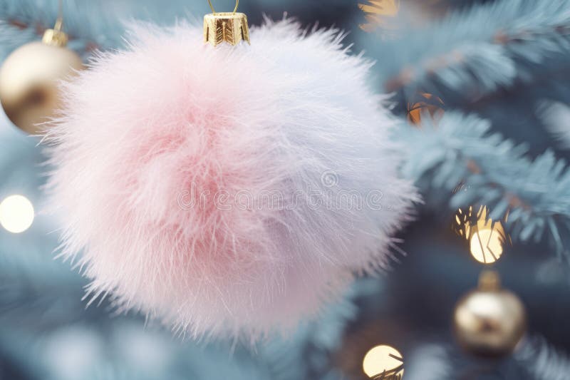 A Pink Fluffy Ball Ornament Hanging from a Christmas Tree. Stock ...