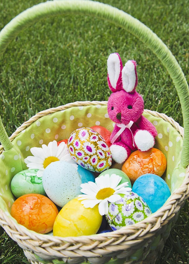 Pink Fluffy Bunny in Easter Basket of Eggs Stock Image - Image of eggs ...