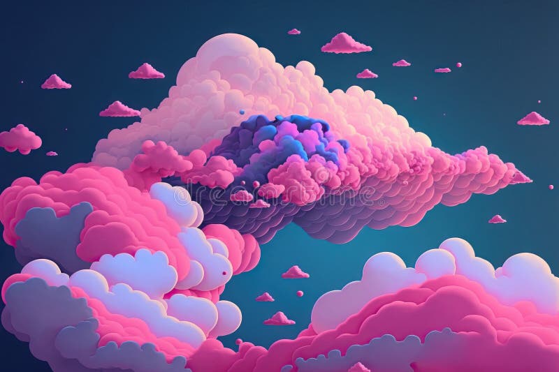 Pink Fluffy Cartoon Clouds Against a Dark Blue Sky in an Abstract ...