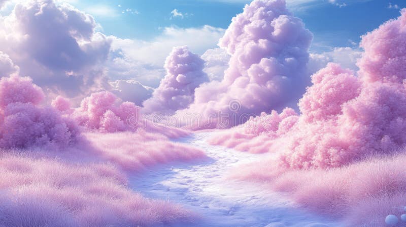 Pink Fluffy Clouds Landscape with Path Stock Illustration ...