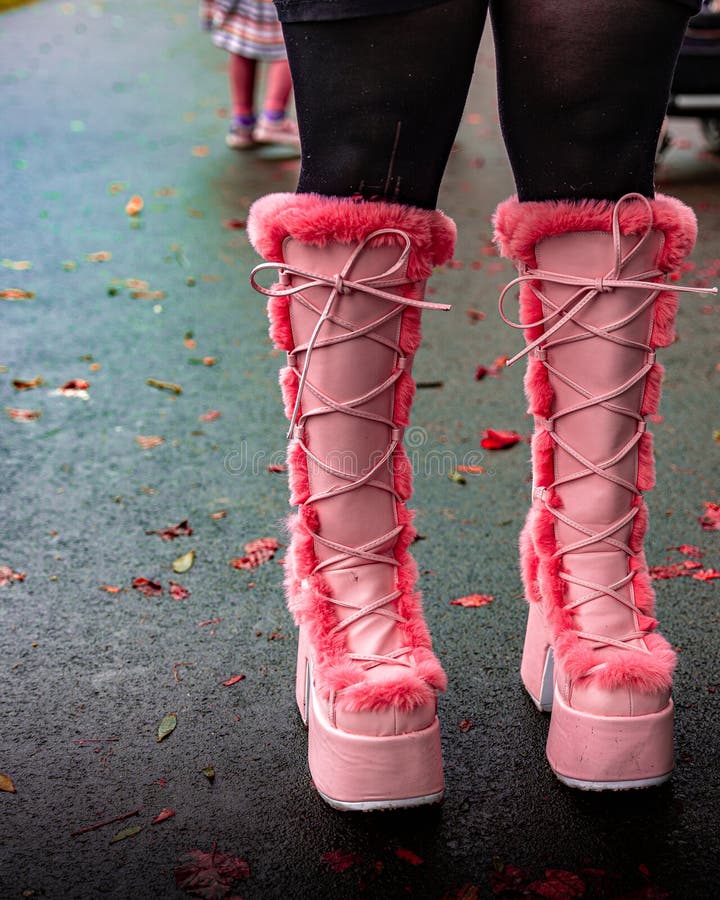 Pink Fluffy Knee-high Platform Boots Stock Image - Image of spring ...