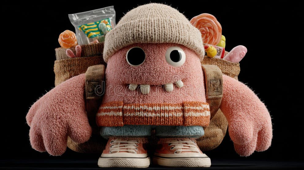 Pink Fluffy Monster with Candy Backpack Stock Illustration ...