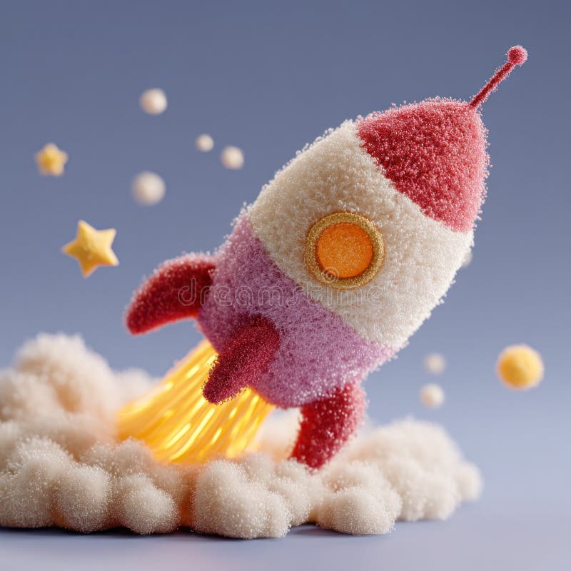 Pink Fluffy Rocket Launching into Space with Yellow Flames and Stars ...
