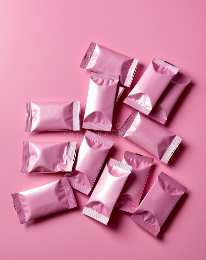 Pink Foil Packaging Sachets on Pink Background. Stock Photo - Image of ...