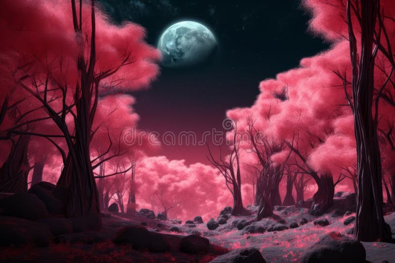 Pink forest. Generate Ai stock illustration. Illustration of mysterious ...