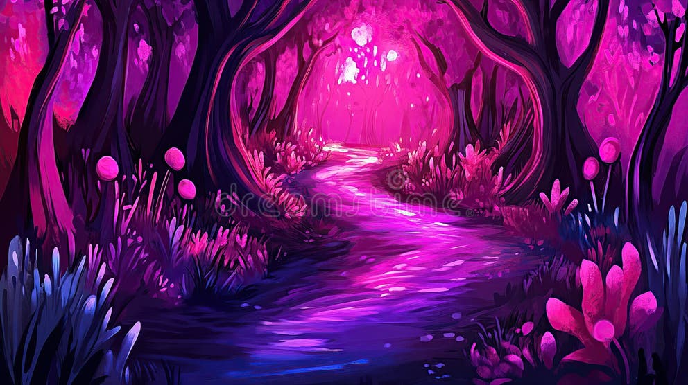 Pink Forest Path, Glowing Flora, Digital Art, Game Background Stock ...