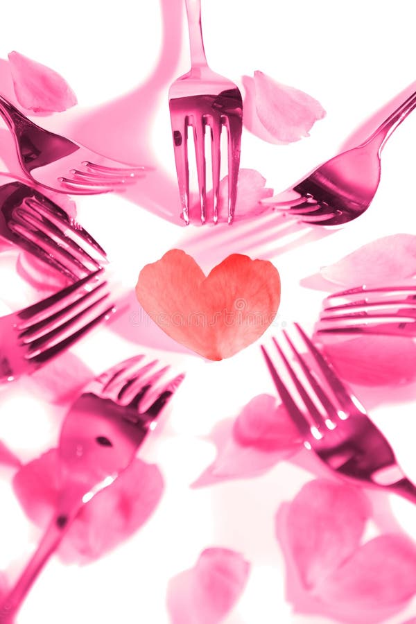 Pink Forks Surrounding Heart Shape and Rose Petals Stock Image - Image ...