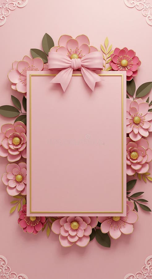 A Pink Frame Surrounded by Pink Flowers and a Bow on a Pink Background ...
