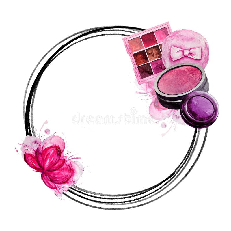 Pink Frame of Makeup Elements. White Background. Watercolor. Isolated ...