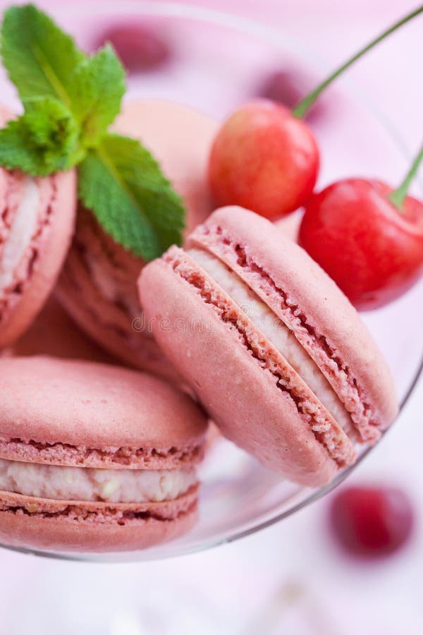 Pink French Macarons with Cherry Stock Photo - Image of meringue, sweet ...